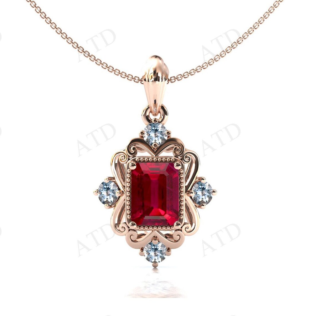 Vintage Emerald Cut Ruby Necklace for Women Rose Gold Wedding Pendant ...