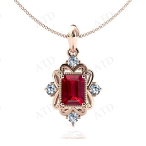Vintage Emerald Cut Ruby Necklace for Women Rose Gold Wedding Pendant ...