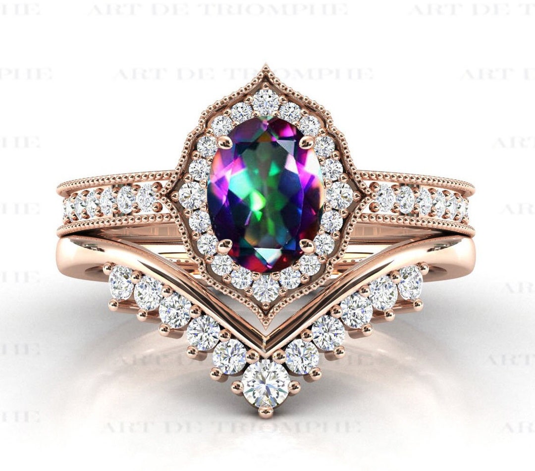 Mystic Topaz Bridal Ring Set Bio Color Gemstone Wedding Ring Set 14k ...