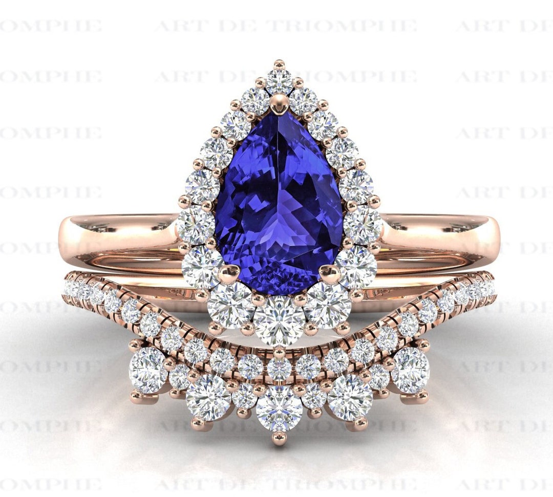 Vintage Tanzanite Wedding Ring Set for Women Pear Cut Tanzanite Blue ...