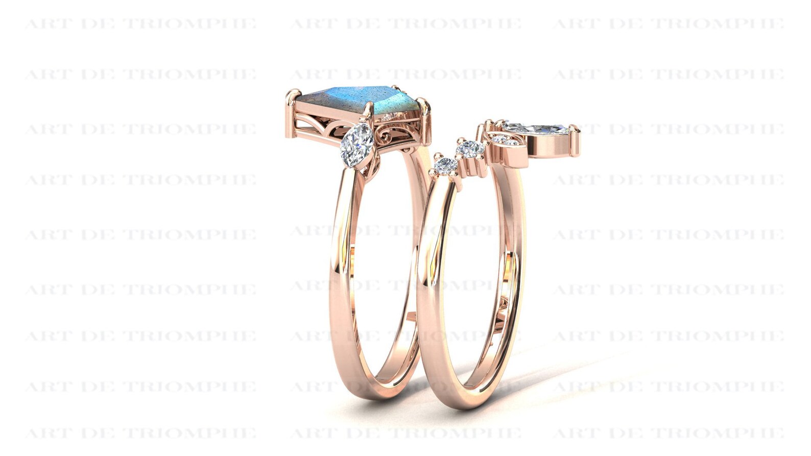 Kite Shaped Labradorite Wedding Ring Set for Women Art Deco - Etsy