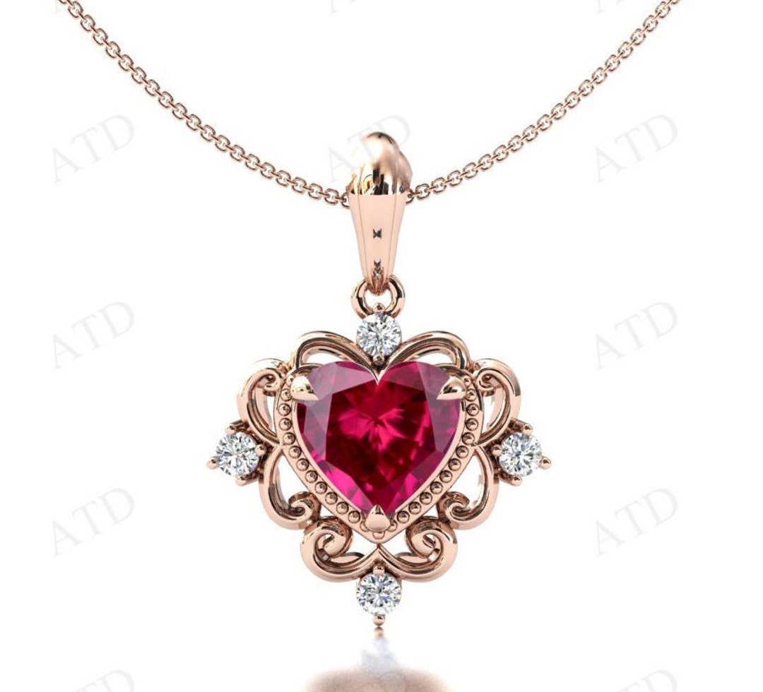 Heart Shape Ruby Pendant for Women Art Deco Ruby Gemstone Necklace ...