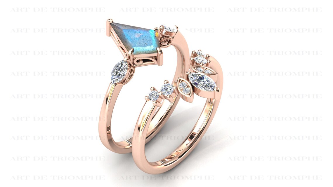 Kite Shaped Labradorite Wedding Ring Set for Women Art Deco - Etsy