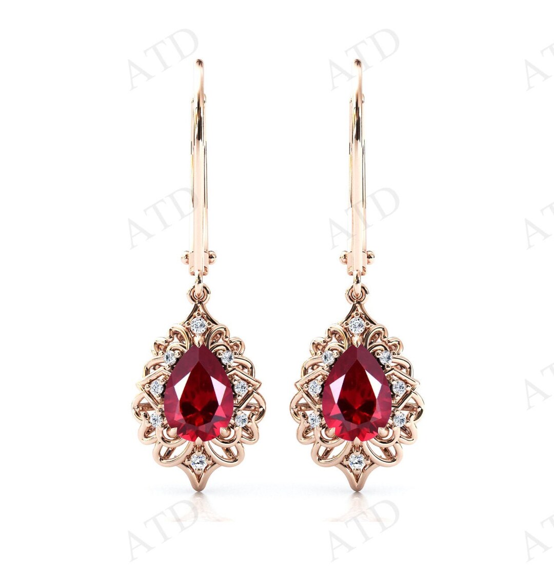 Ruby Earrings for Women Pear Cut Ruby Wedding Earrings Art Deco Ruby ...