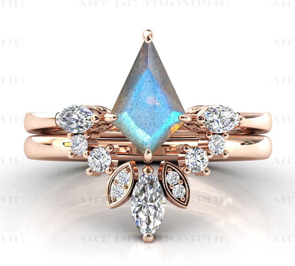 Kite Shaped Labradorite Wedding Ring Set for Women Art Deco - Etsy