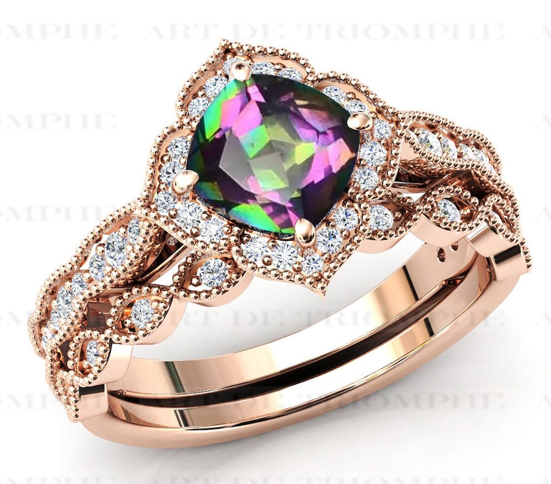 Mystic Topaz Engagement Ring Set Bio Color Gemstone Ring Women Mystic ...