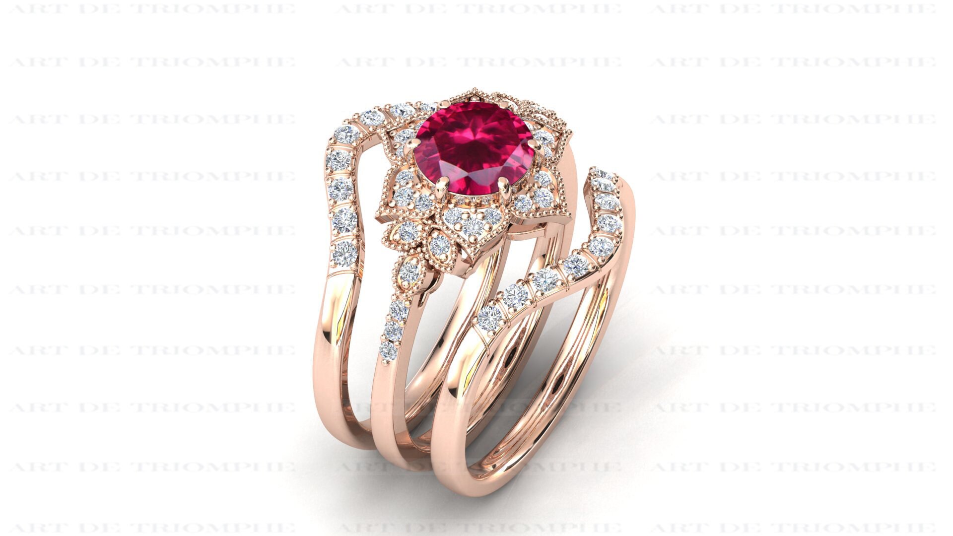 14k Rose Gold Ruby Engagement Ring Set for Women Art Deco Ruby - Etsy