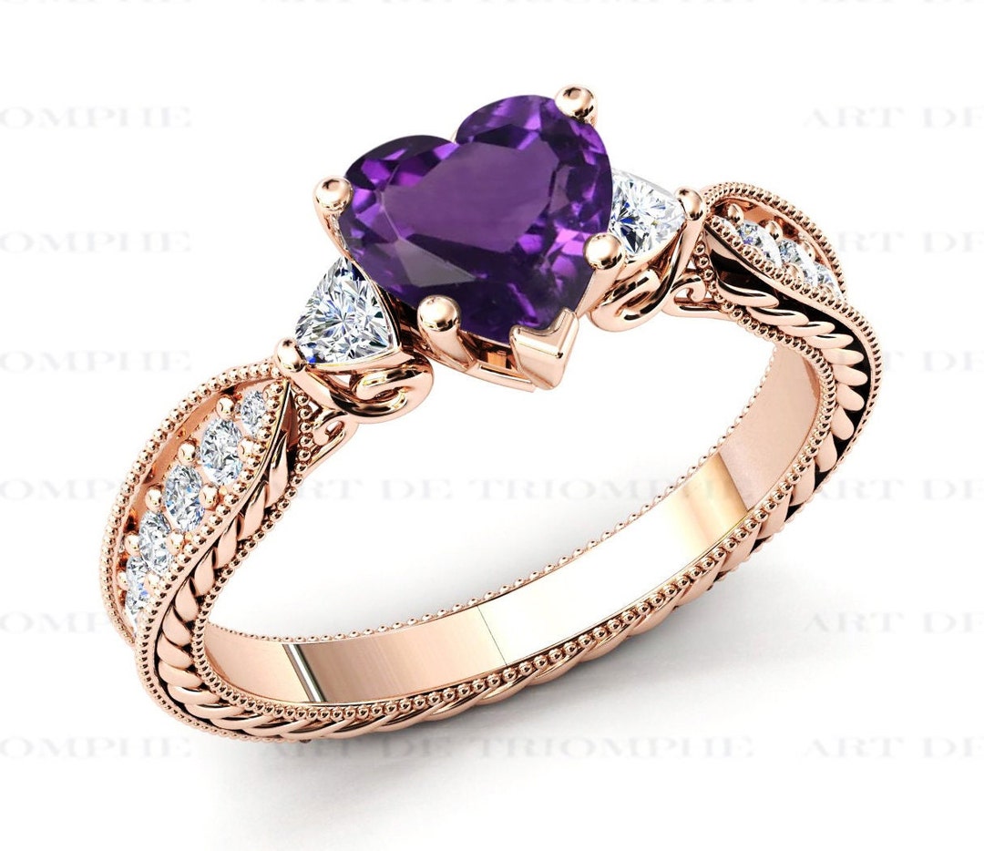 Heart Shaped Amethyst Engagement Ring for Women Rose Gold Amethyst ...