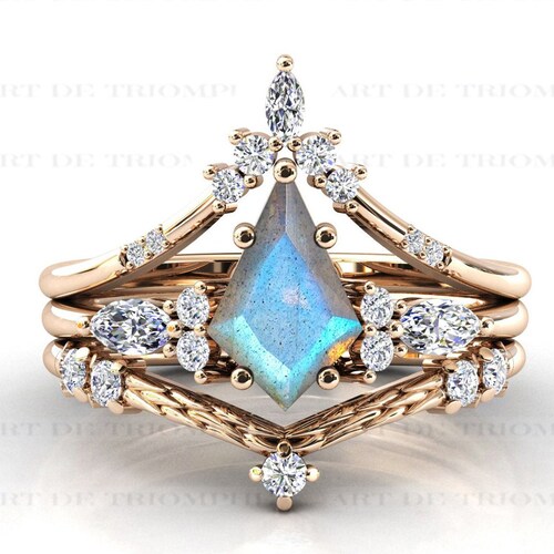 Kite Shaped Labradorite Wedding Ring Set for Women Art Deco - Etsy