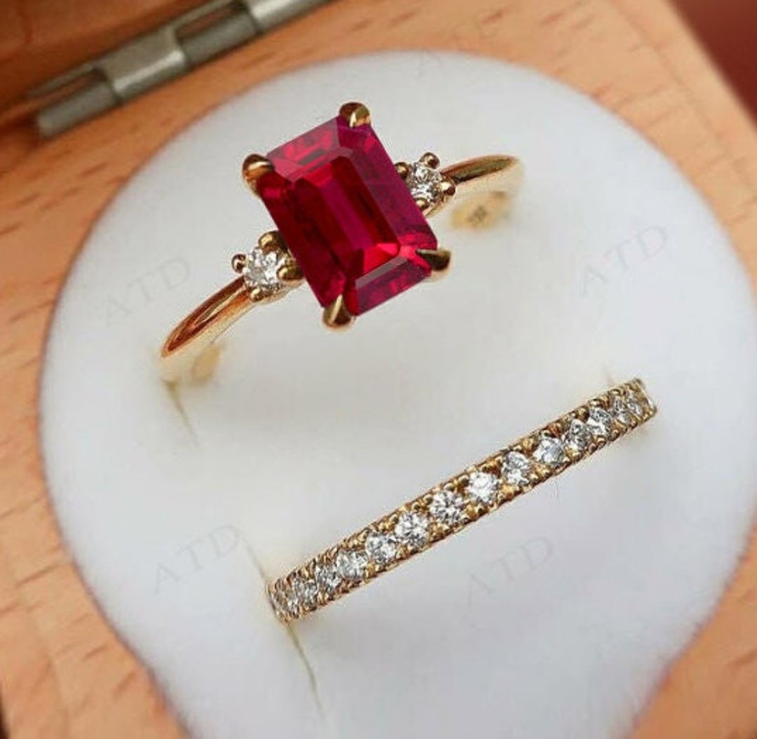 Vintage Emerald Cut Ruby Engagement Ring Set for Women Art Deco Wedding ...