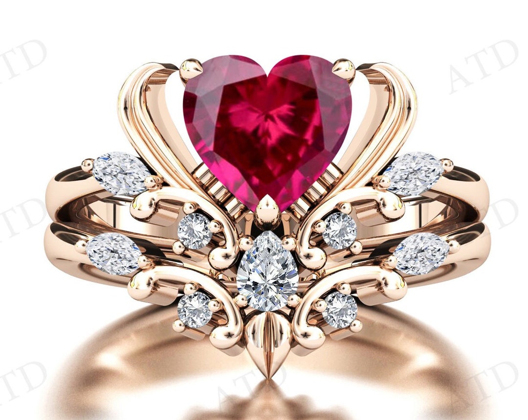 Heart Shaped Ruby Engagement Ring Set for Women 14k Rose Gold - Etsy