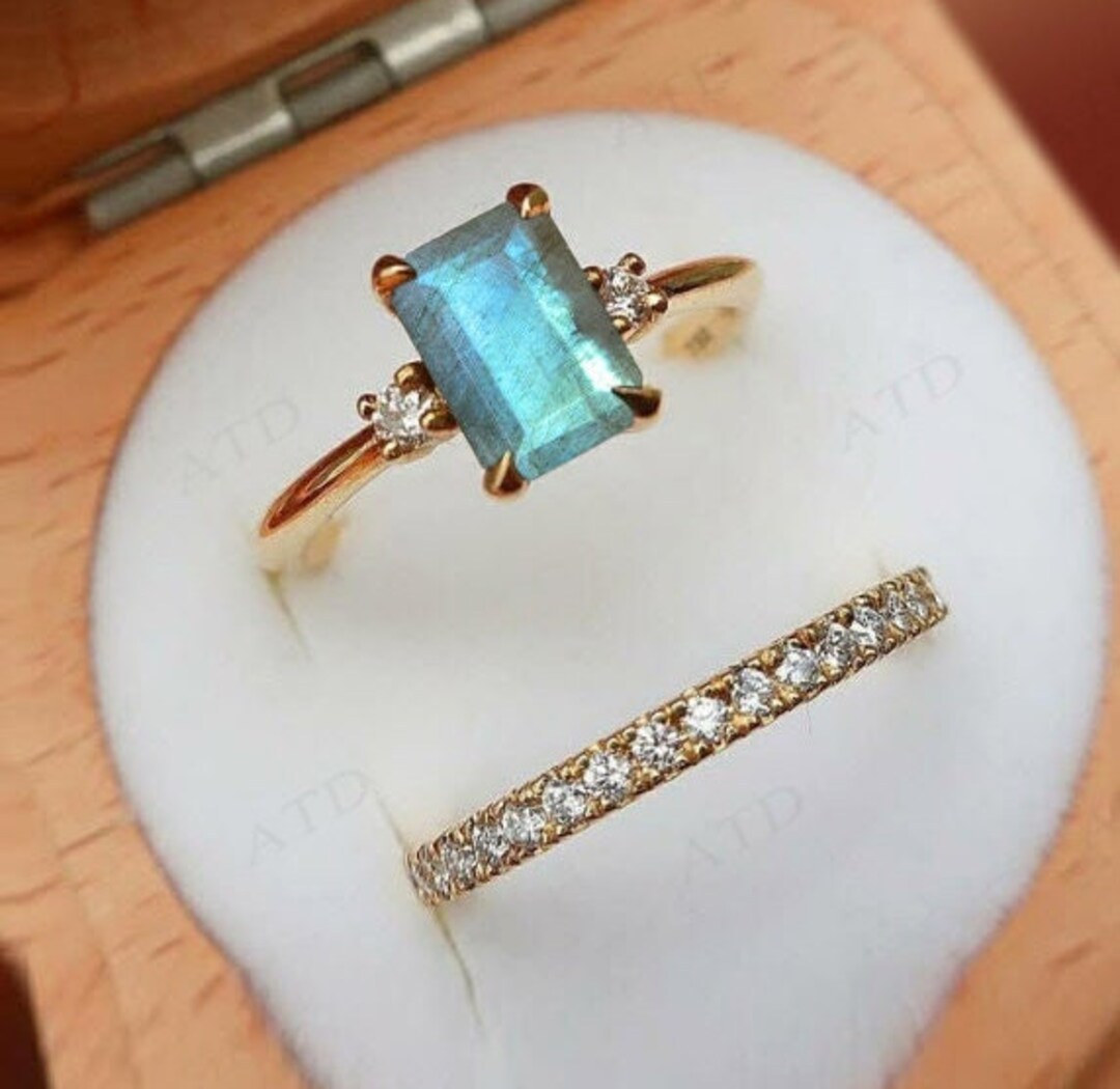 Vintage Emerald Cut Labradorite Wedding Ring Set for Women 925 Silver ...