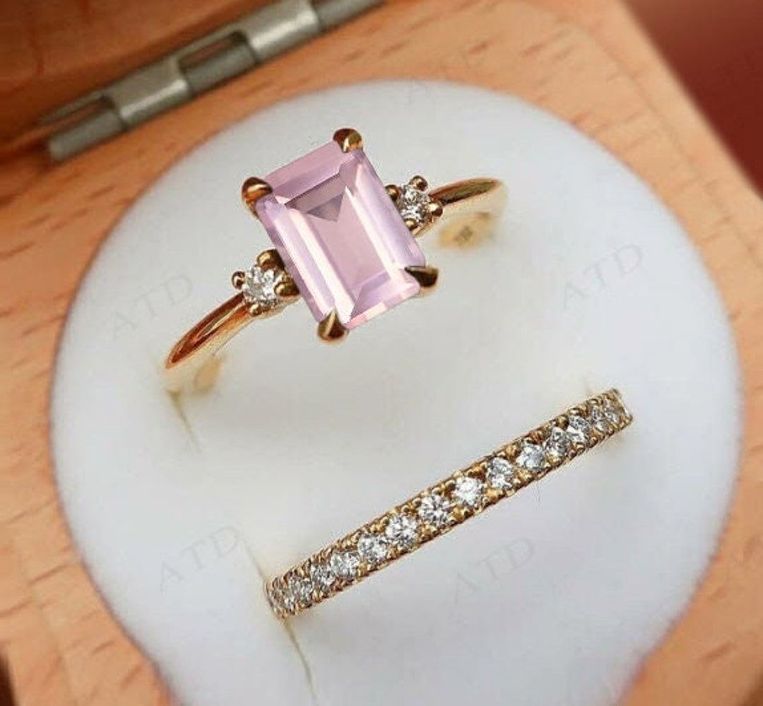 Vintage Rose Quartz Wedding Ring Set for Women 14k Gold Rose Quartz ...