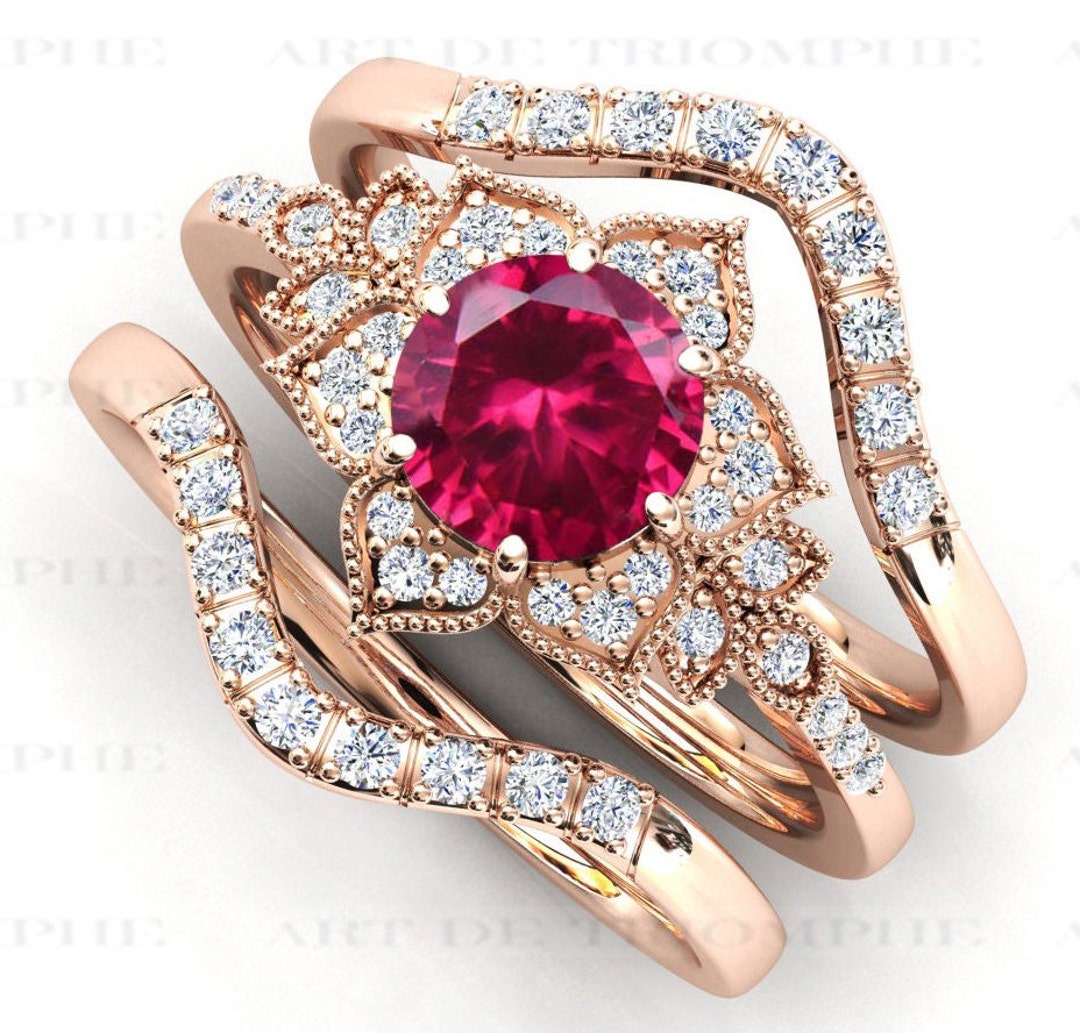 14k Rose Gold Ruby Engagement Ring Set for Women Art Deco Ruby - Etsy