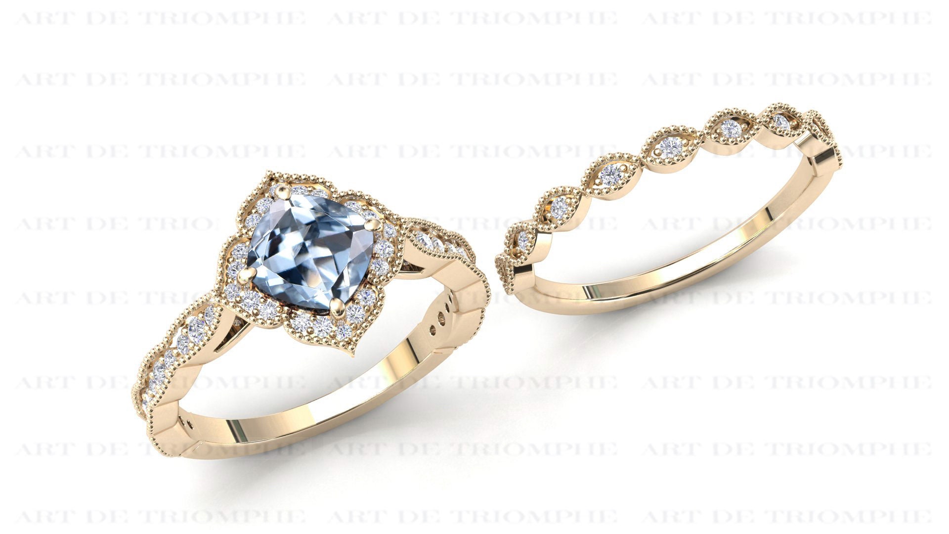 Cushion Cut Aquamarine Engagement Ring Set 14k Gold Aquamarine | Etsy