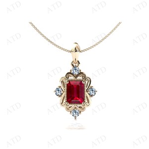 Vintage Emerald Cut Ruby Necklace for Women Rose Gold Wedding Pendant ...