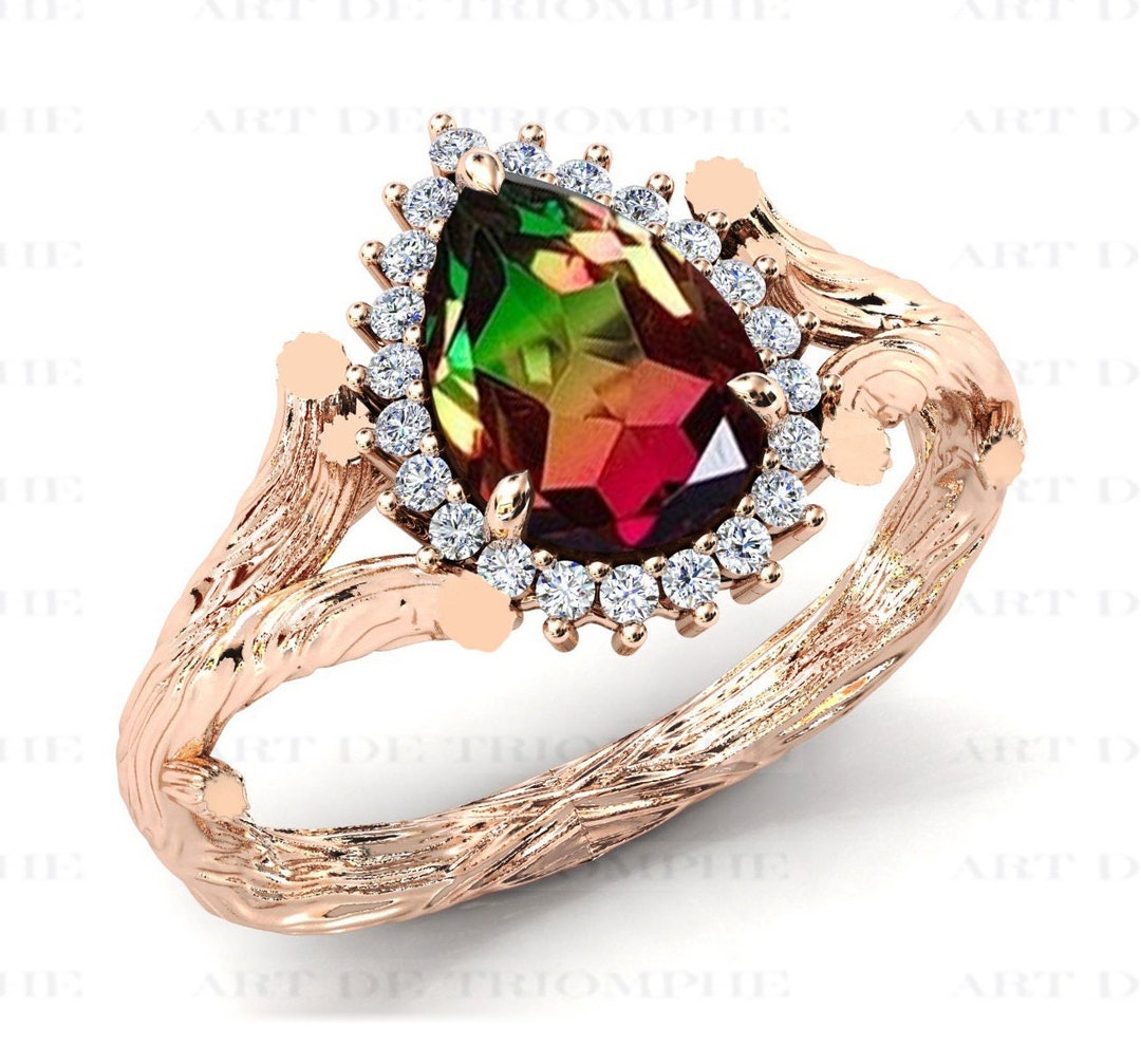 Watermelon Tourmaline Engagement Ring Branch Texture Multi Color ...