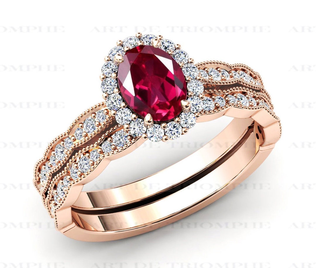 Unique Ruby Engagement Ring Set for Women Art Deco Bridal Promise Ring Set Antique Ruby Halo ...