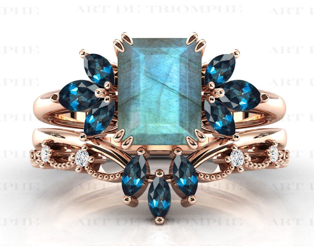 Vintage Labradorite Engagement Ring Set for Women Art Deco Blue Topaz ...