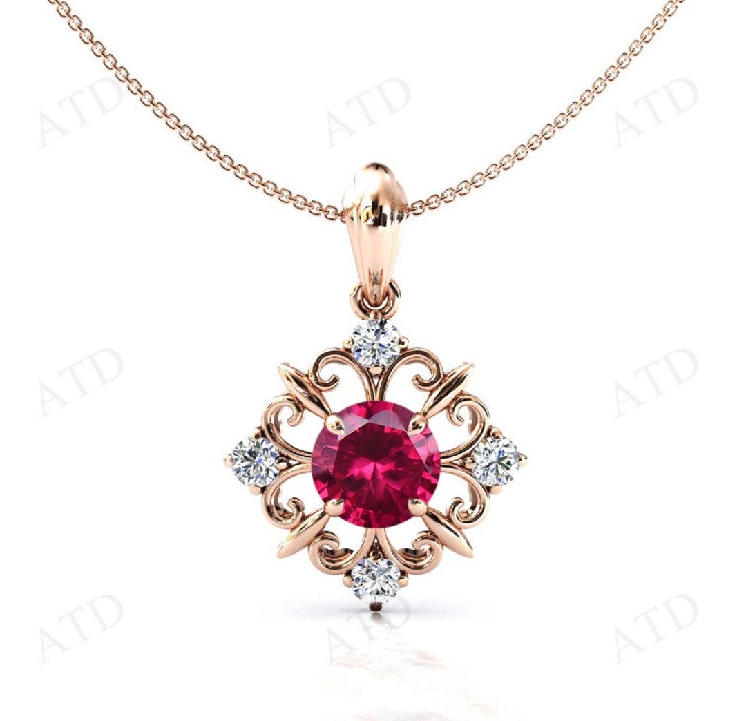Vintage Ruby Pendant for Women 14k Gold Ruby Wedding Pendant Red Ruby ...