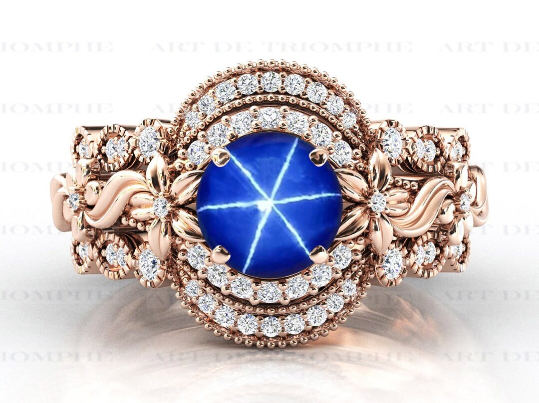 Blue Star Wedding Ring Set for Women Art Deco Floral Engagement Ring ...