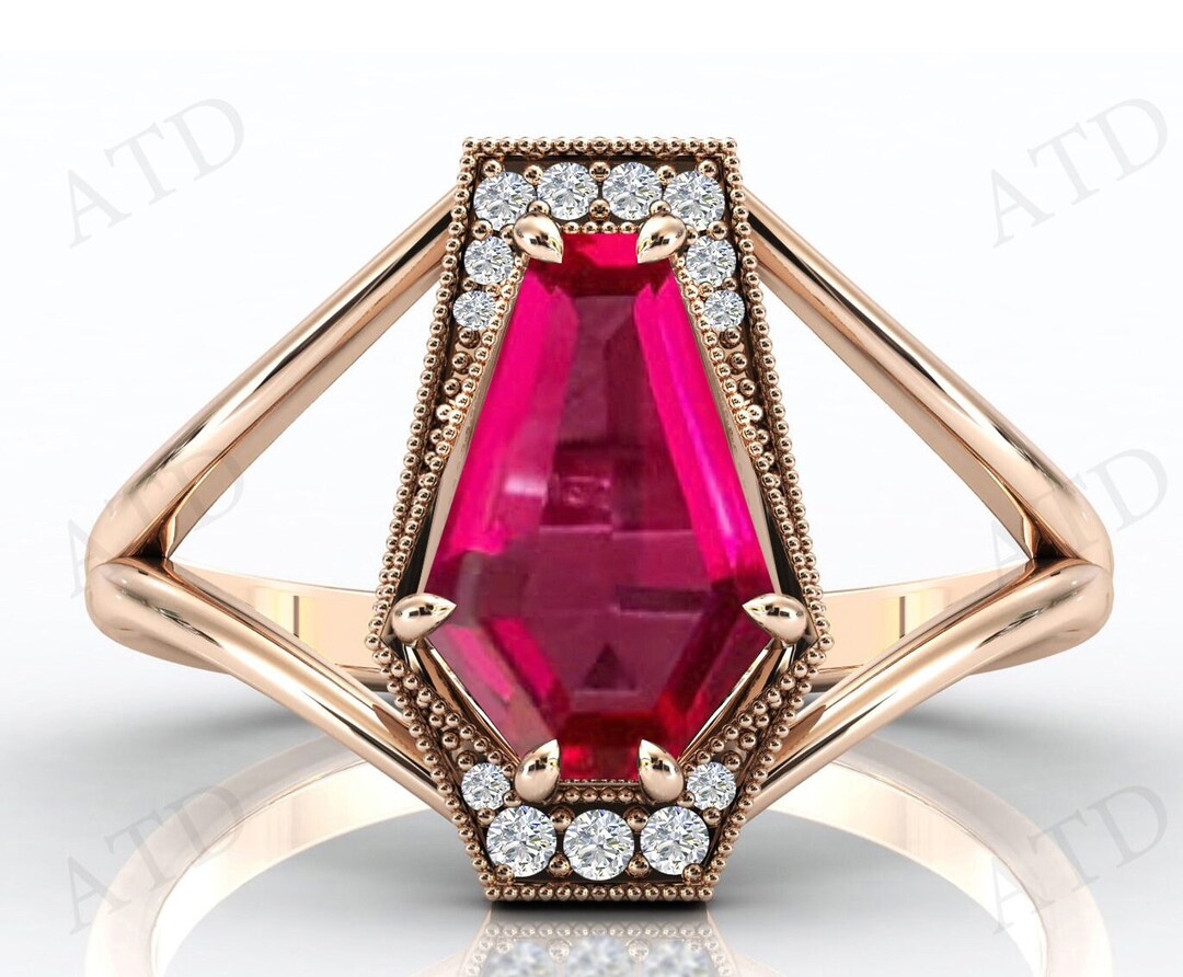 Vintage Coffin Shaped Ruby Wedding Ring 925 Sterling Silver Red ...