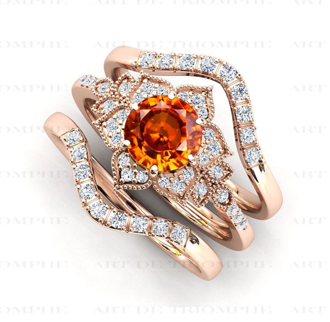 Orange Sapphire 3 Pce Ring Set for Women Art Deco Floral Engagement ...