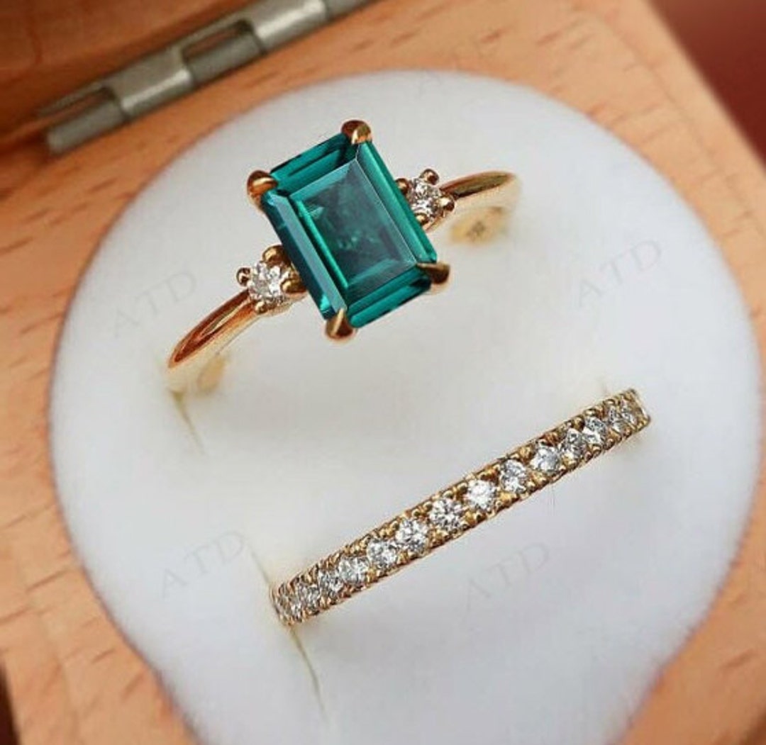 Green Emerald Wedding Ring Set for Women Art Deco Emerald 14k - Etsy