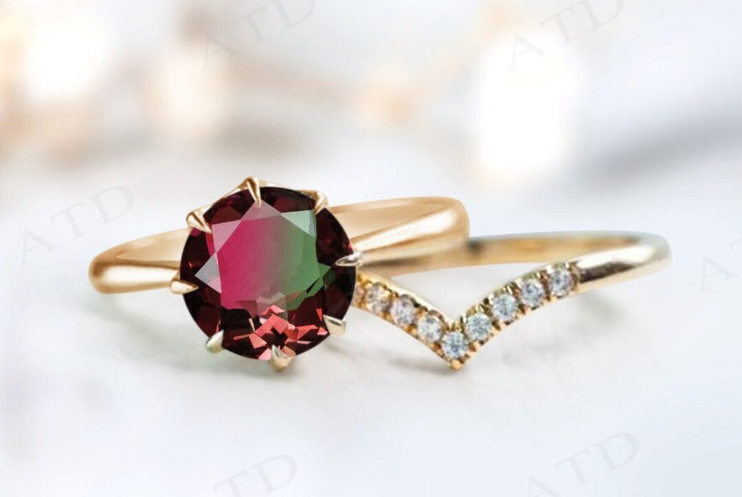 Watermelon Tourmaline Engagement Ring Set Women 925 Silver Multi Color ...