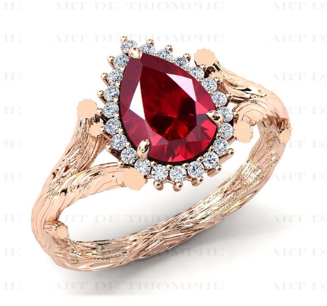 Nature Inspired Ruby Wedding Ring for Women Art Deco Twig | Etsy