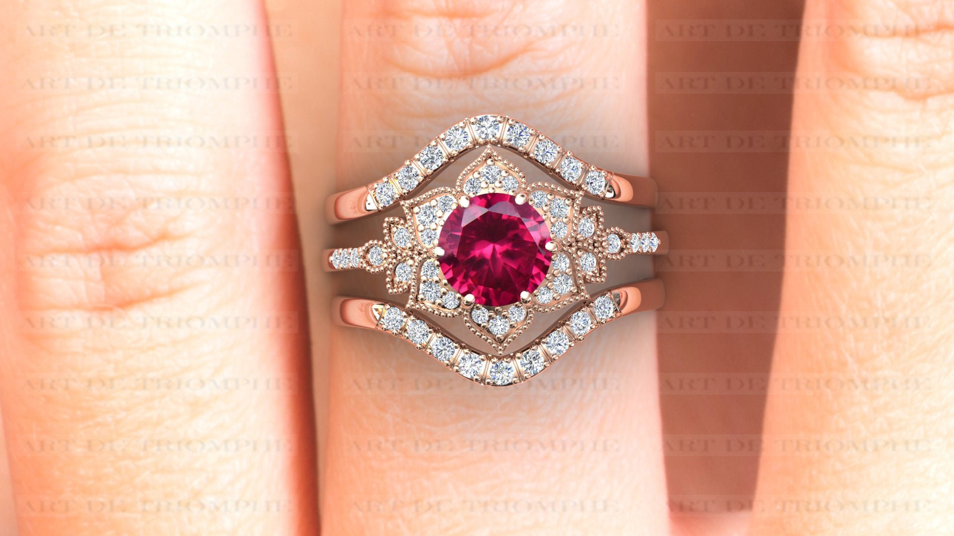 14k Rose Gold Ruby Engagement Ring Set for Women Art Deco Ruby - Etsy