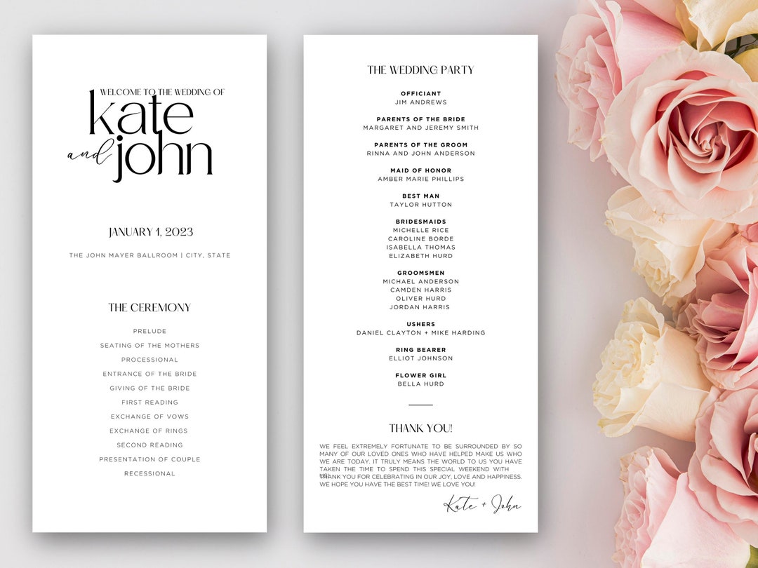 Kate Ceremony Program 2-sided TEMPLATE | Wedding Day Stationary ...