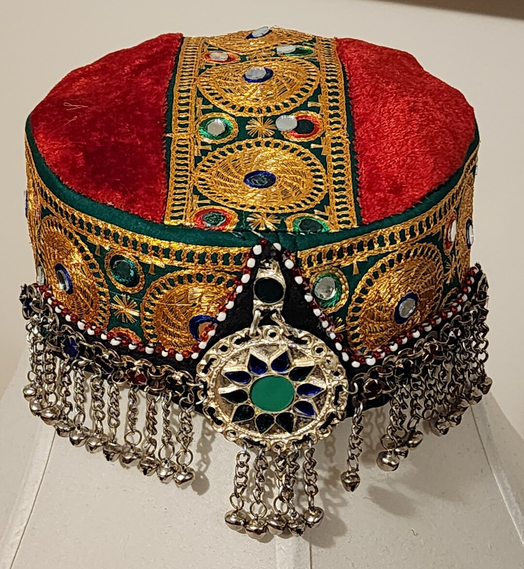 Traditional Golden Thread Embroided Cap With Afghan Jewelry Headpiece ...