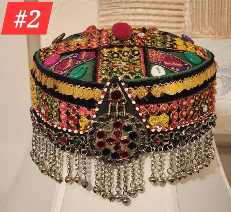 Afghan Embroidered Cap With Jewelry Headpiece, Traditional Handmade (22 ...