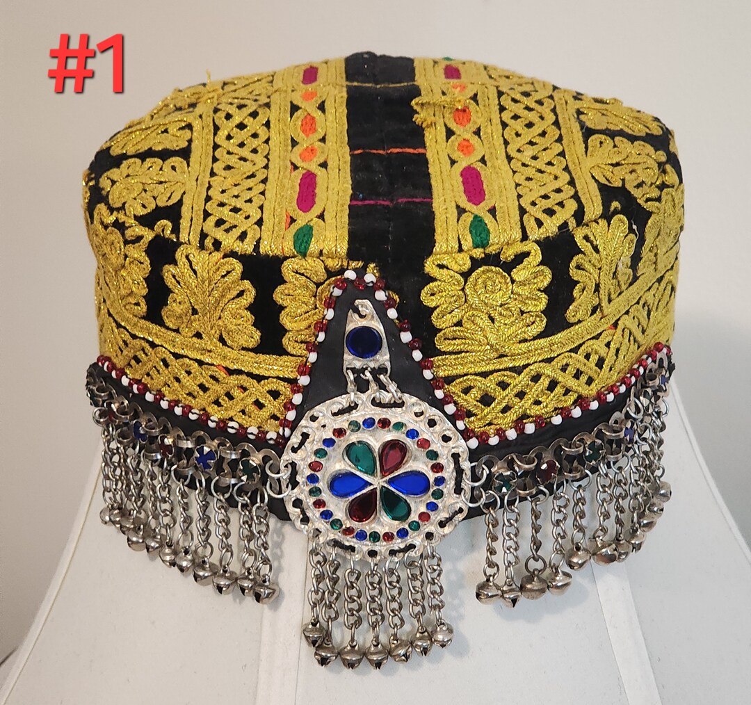 Traditional Golden Strip Embroided Handmade Cap With Afghan Headpiece ...