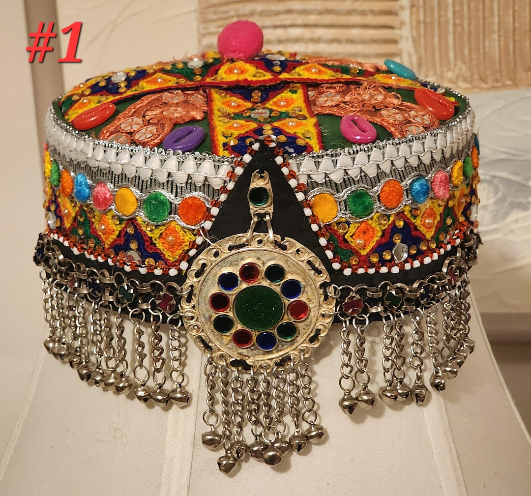 Afghan Embroidered Cap With Jewelry Headpiece, Traditional Handmade (22 ...