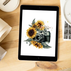 Watercolor Floral Camera Clipart: 20 PNG Retro Camera Sublimation ...