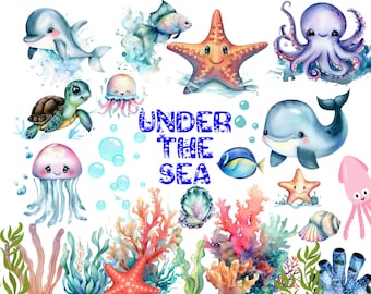 Fish Clipart, Watercolor Fish Under the Sea Clip Art, Dolphin Clipart ...