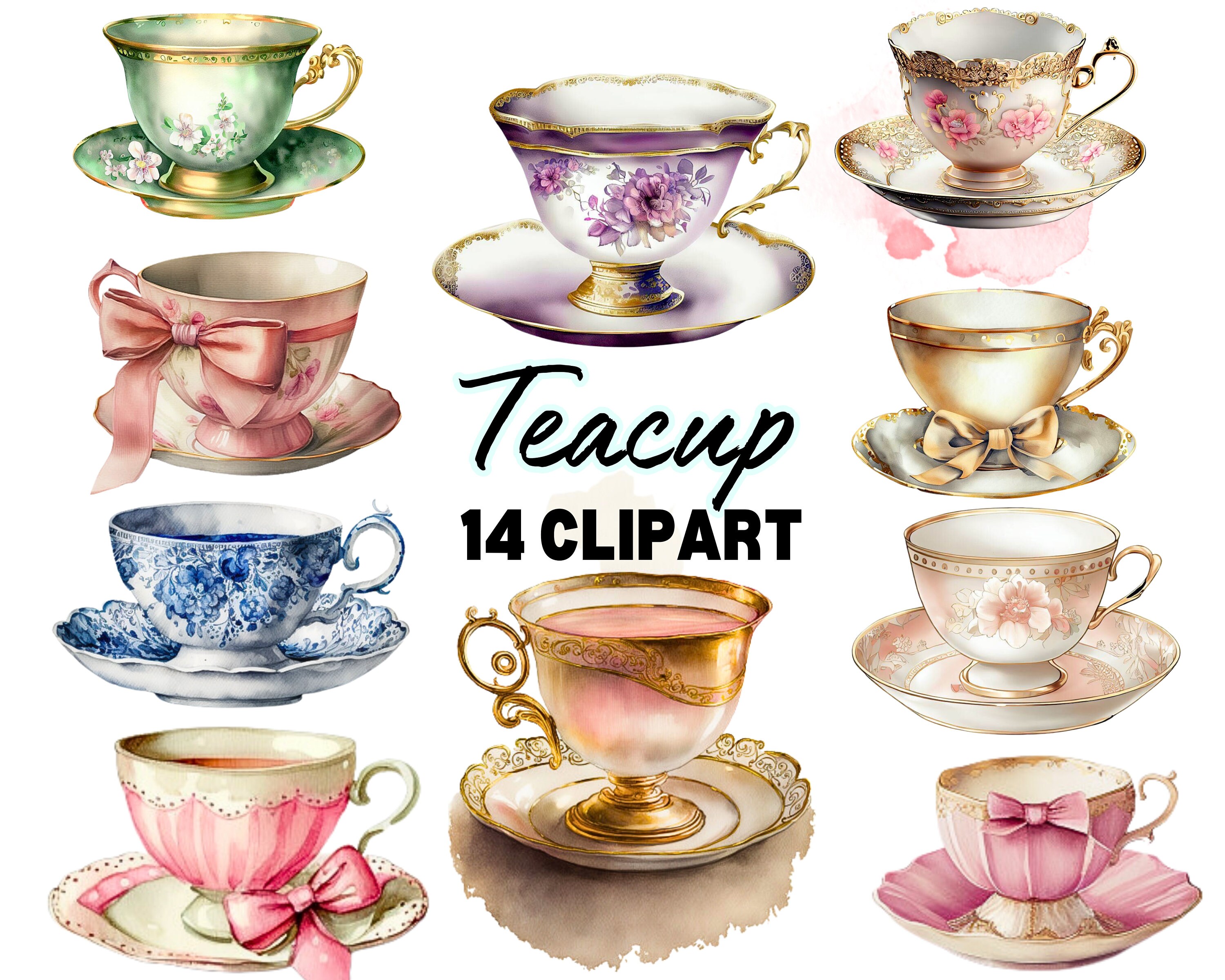 Vintage Teacup Clipart: Watercolor Antique Tea Party PNG (digital ...