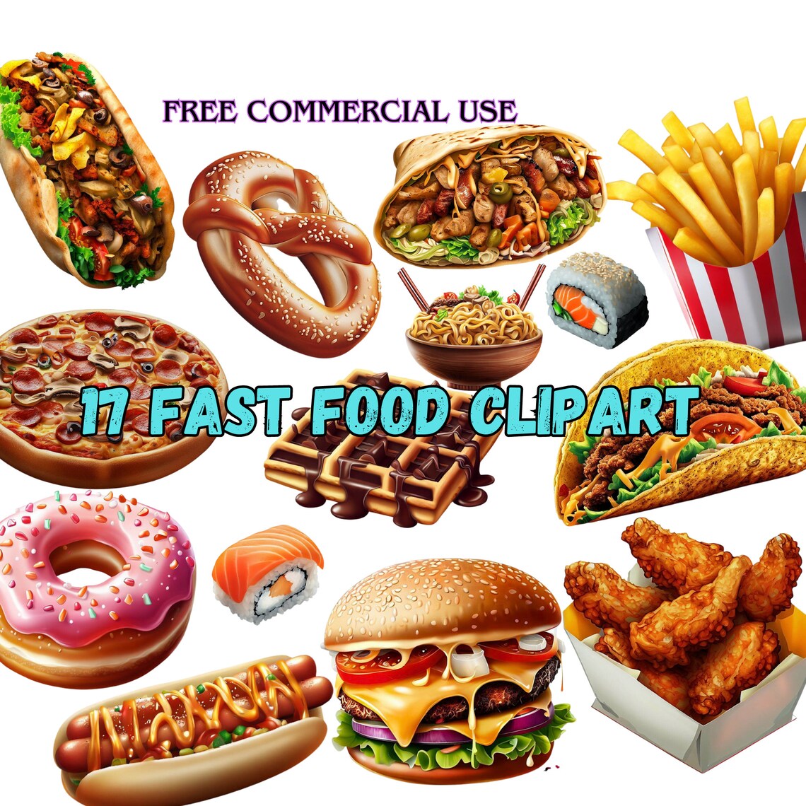 Watercolor Junk Food Clipart: Pizza, Donut, Hamburger (digital Download ...