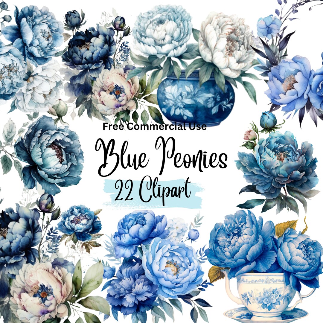 22 Blue & White Peonies Clipart PNG Full Commercial Use Watercolor ...
