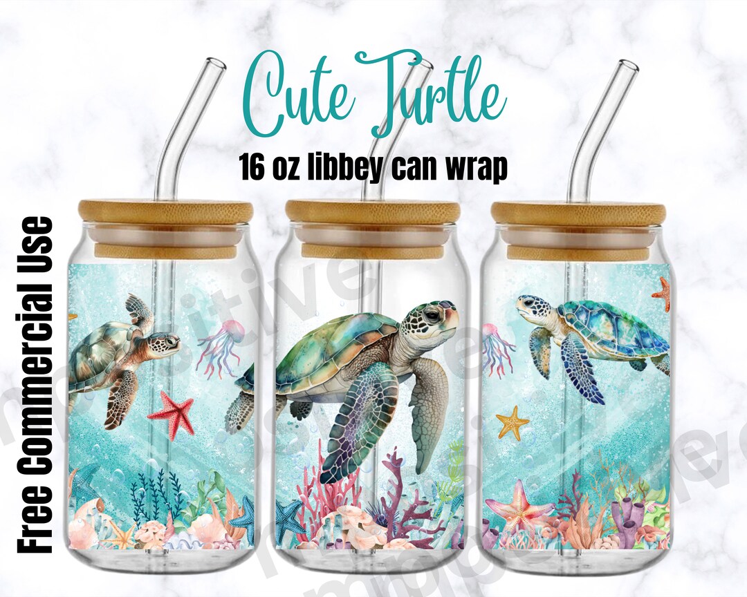 Cute Turtle Glass Can Wrap, Turtle Libbey 16oz Glass Can Sublimation ...