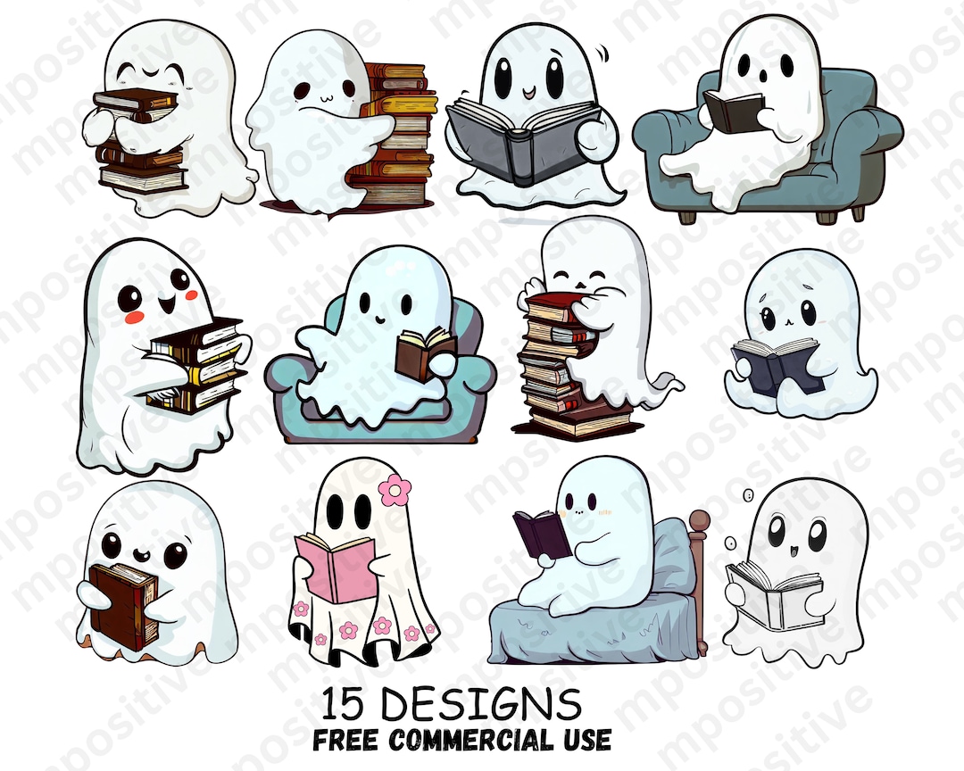 Cute Ghost Reading Book Bundle Png, Book Lover Halloween PNG Ghost ...