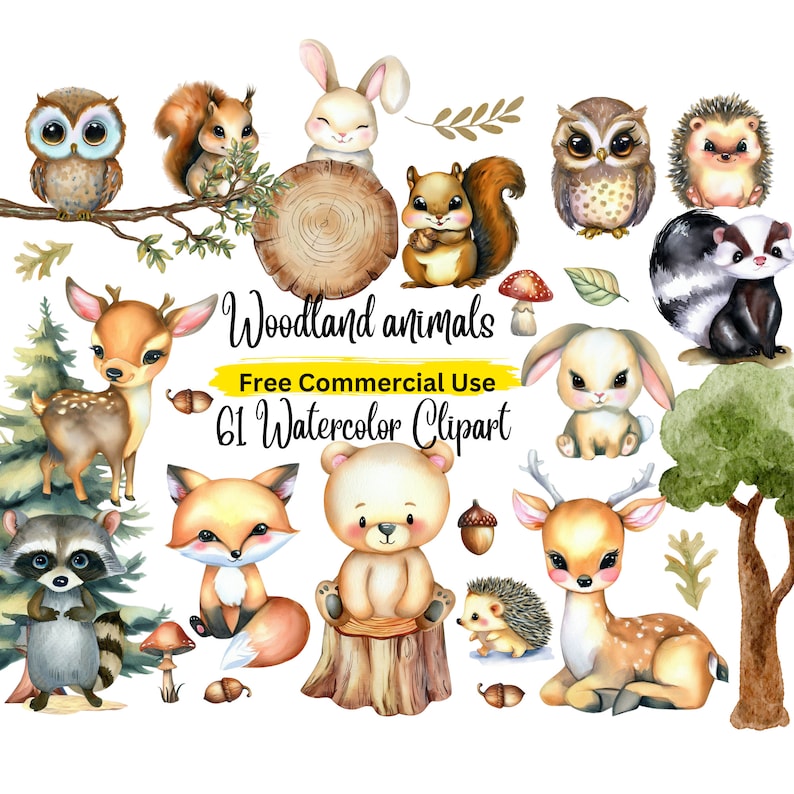 61 Woodland Animals Watercolor Clipart Forest Animals Clip - Etsy