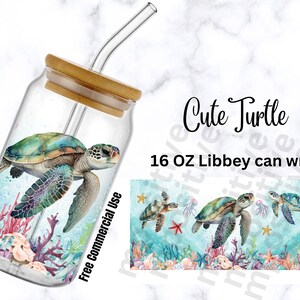 Cute Turtle Glass Can Wrap, Turtle Libbey 16oz Glass Can Sublimation ...