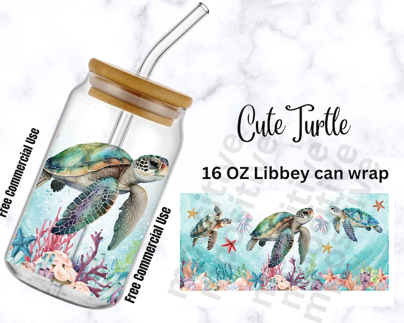 Cute Turtle Glass Can Wrap, Turtle Libbey 16oz Glass Can Sublimation ...