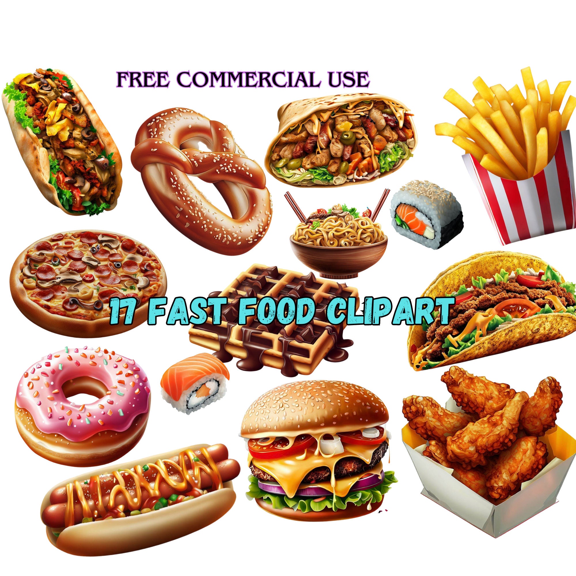 Watercolor Junk Food Clipart: Pizza, Donut, Hamburger (digital Download ...