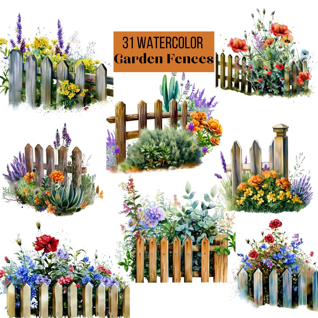 Watercolor Garden Fences Clipart Spring Floral PNG Format Instant ...