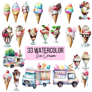 Watercolor Ice Cream Clipart Cones and Sundaes Ice Cream - Etsy