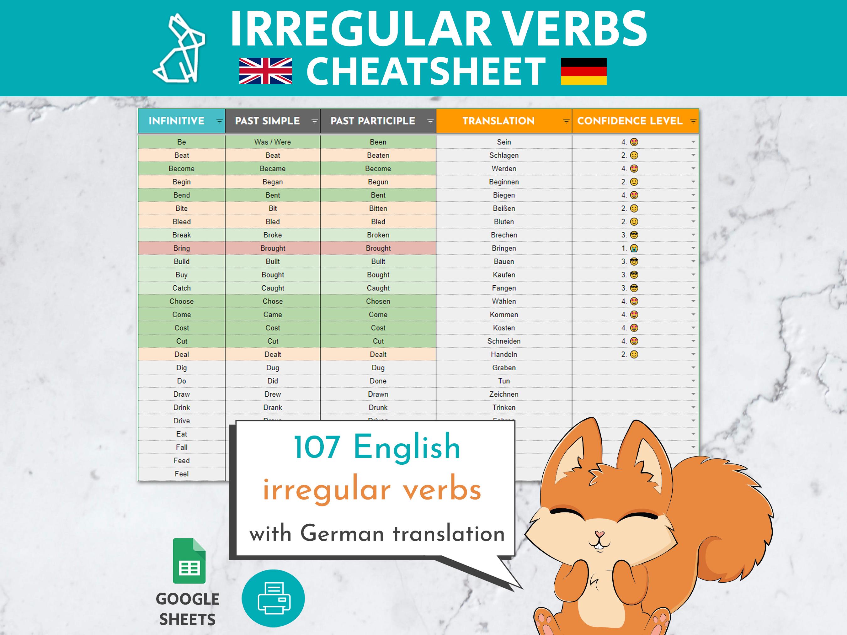 107 English Irregular Verbs Cheatsheet With German Translation ...